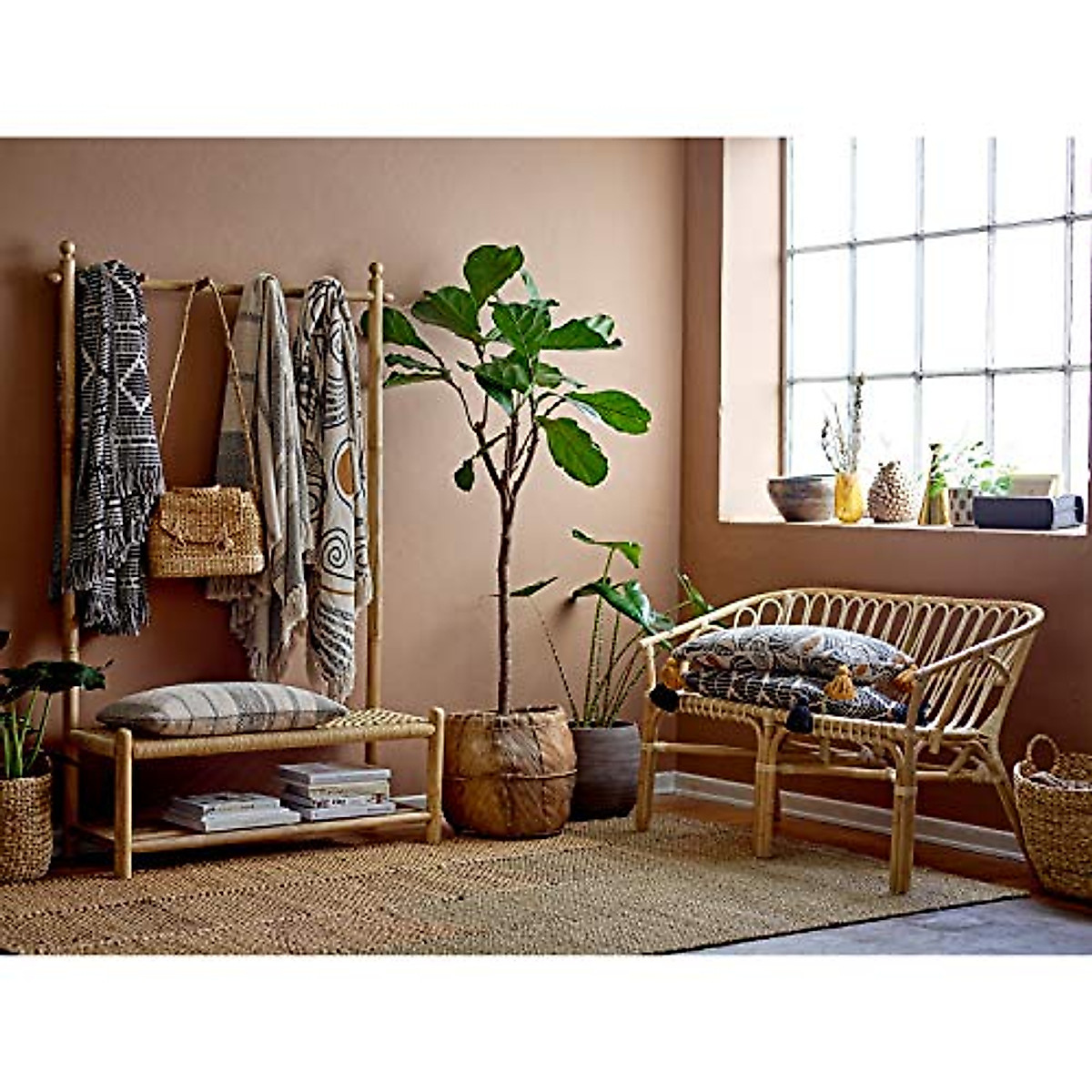 Bloomingville Black & Beige Woven Cotton Blend Blanket with Fringe Throw, One Size fits All, Black