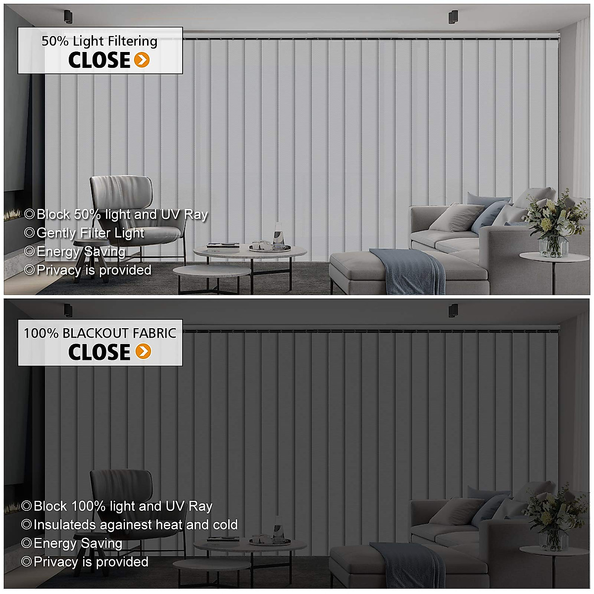 Cordless Vertical Blinds Window Blind, White Blackout Fabric Vertical Blind, Energy Saving UV Protection Noise Reduce Vertical Blinds for Sliding Glass Doors, Patio Doors