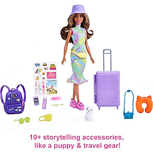 Barbie It Takes Two Doll & Accessories, Travel-themed Set with Puppy, Working Suitcase, Sticker Sheet & 10+ Pieces
