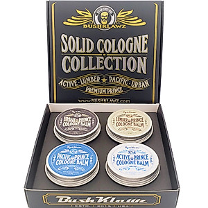 Premium Prince Solid Cologne 1 oz Variety Gift Set Alcohol Free Natural Concentrated Full Size Travel Friendly Tins Men's Fragrance 4 Manly Scents to Satisfy all Types of Viking Cannon Black Prime