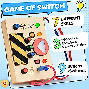 POLKRANE Montessori Toddler Busy Board Toy with LED Light - Wooden Sensory Toys with Switches for kids Gifts, Learning Toys for 1 2 3 4 Year Old Boys & Girls, baby fine motor skills toys & travel toys