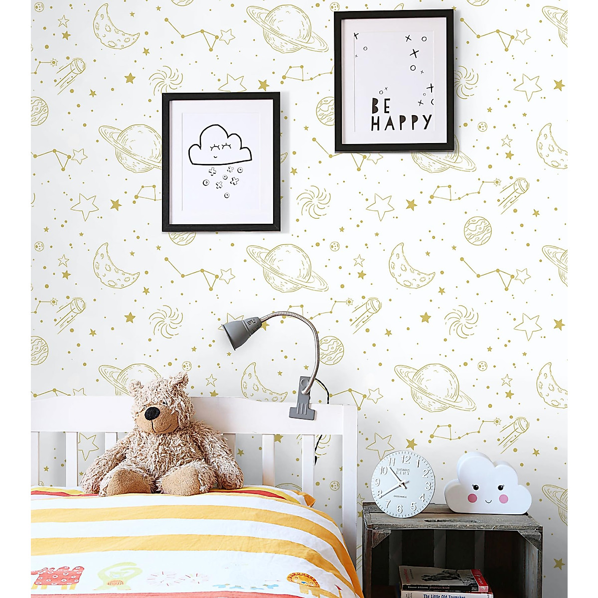 Feisoon Gold Star Wallpaper White Peel and Stick Wallpaper Kid's Bedroom Wallpaper White Moon Wallpaper 16.14"x78.7" Waterproof Contact Paper Self Adhesive Wallpaper Removable Contact Paper Vinyl Roll