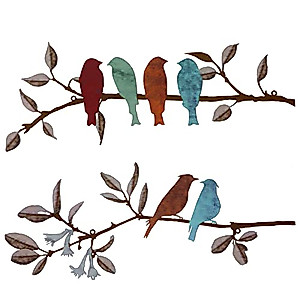 2 Pcs Metal Birds Wall Art Vivid Birds on Branch Metal Birds Wall Decor Hanging Leaves with Birds Outdoor Wall Decor Rustic Bird Decor Leaf Wall Decor or Balcony Garden Indoor Outdoor Decor(Colorful)