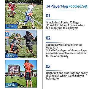 1 Set/ 2 Set Flag Football Belts and Flags, 1 Set Includes 14 Belts, 42 Flags and 4 Cones, Easy Tear Away Belt for Kids/Adults Players(1 Set)