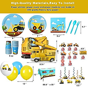 Construction Birthday Party Supplies Set For Boys - 24 Guests – Dump Truck And Tractor Party Decorations, Paper Plates Cups Napkins Straws Balloons Cutlery Toppers Banners Tablecloth