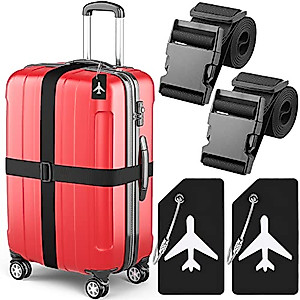 Luggage Straps w/Name Tags (Black, 73.6" Long, 2 Inches Wide, 2 Pack), Adjustable Nylon Belt for Travel Suitcases & Bags by Mifflin-USA
