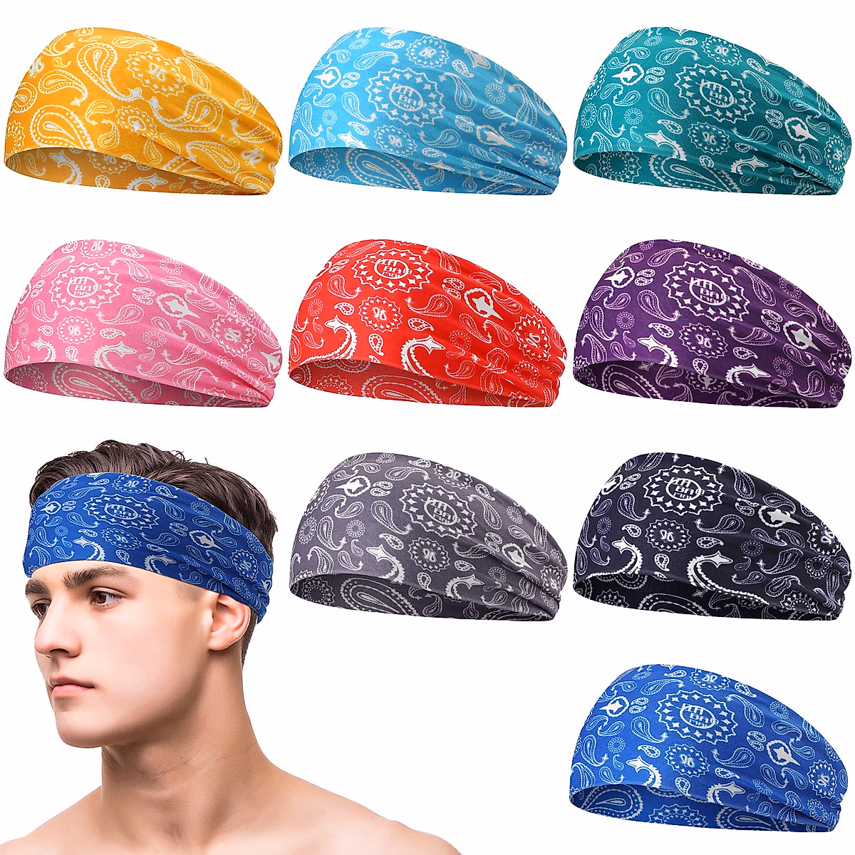 Men's Sweatbands for Workout: Camo Headband, Wide Sweat-Absorbing Head Band for Basketball, Football, Cycling, Running, Yoga, 4.7 x 9.8 Inch (Bandanna Style)