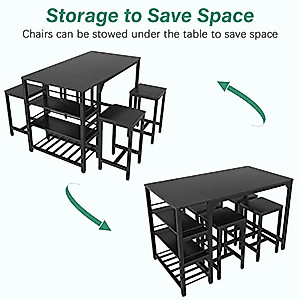 Rxicdeo Dining Table Set for 4, Kitchen Table Set with 4 Chairs, Dining Room Table with Wine Rack and Storage Shelf, Breakfast Table Space-Saving Dinette for Kitchen, Dining Room (Black)