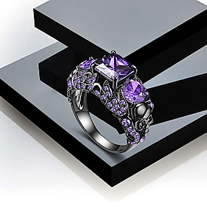 FLIUAOL Vintage Gothic Skull Rings Heart Cubic Zirconia Crystal Biker Cocktail Party Rings for Women Halloween Christmas Gifts (Square-Purple, 6)