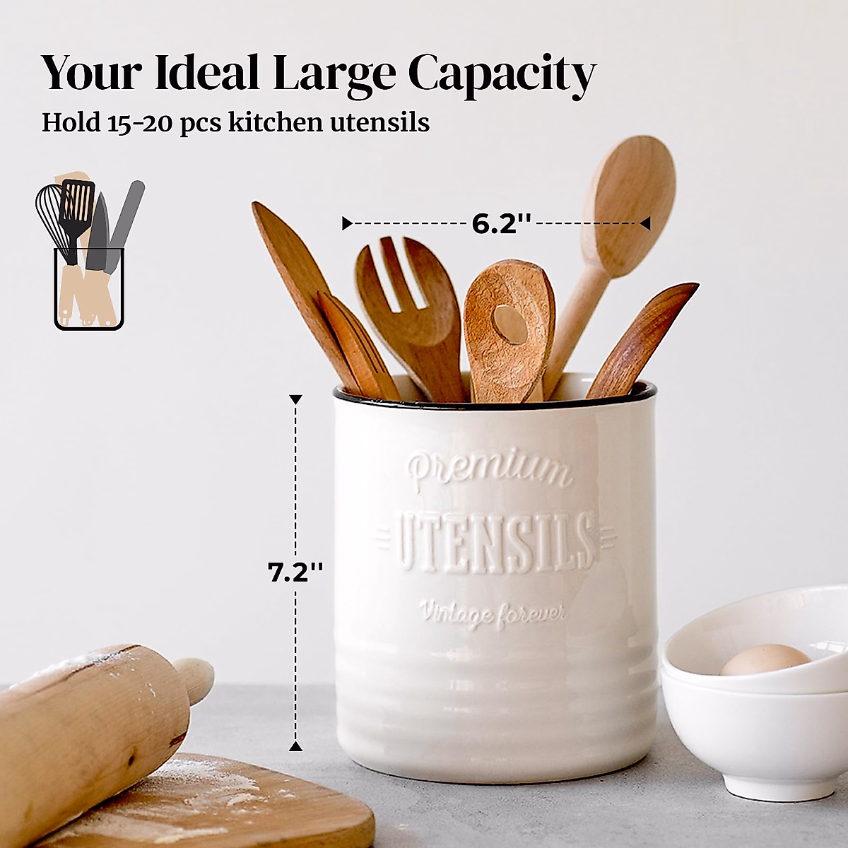 DOWAN Kitchen Utensil Holder, 7.2″ Extra-Large Ceramic Stable Utensil Caddy, Rustic Cooking Utensil Crock for Farmhouse Kitchen Décor with Countertop-Protection Cork Bottom, Counter Utensil Organizer