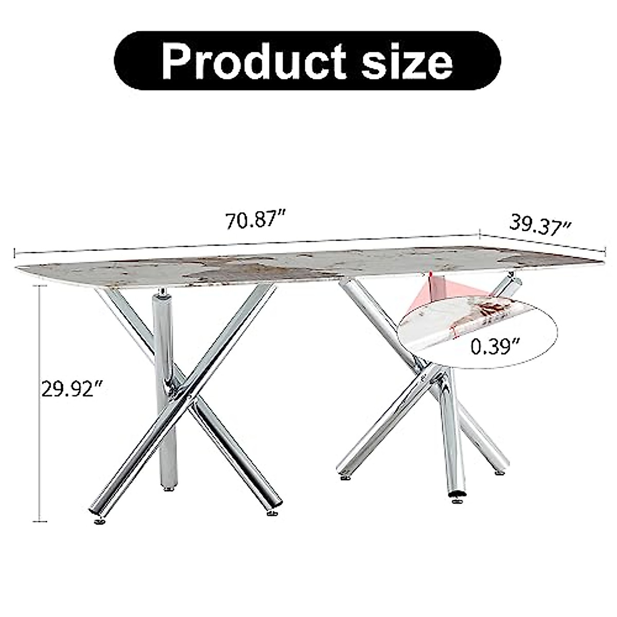 Modern Dining Table for 4 to 6 People with Imitation Marble White Desktop and Dual X-Shaped Silver Metal Legs, Modern Rectangular Kitchen Table for Kitchen Dining Room, 71" W x 39" D x 30" H