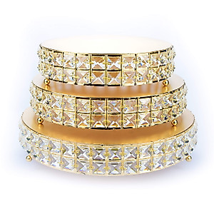 LINDLEMANN-Shiny Cake Stand-Decorative Metal Cake Holder with Spatula-Round Cake Stand-Genuine Mineral Crystals-Set of 3 Serving Plate Display- Mothers' & Easter Day Gift Tray-Gold (10 + 12 +13.5 in)