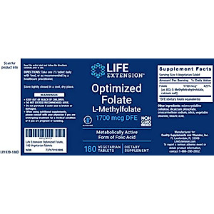 Life Extension Optimized Folate (L-Methylfolate) 1700 mcg DFE, 180 Veg Tablets