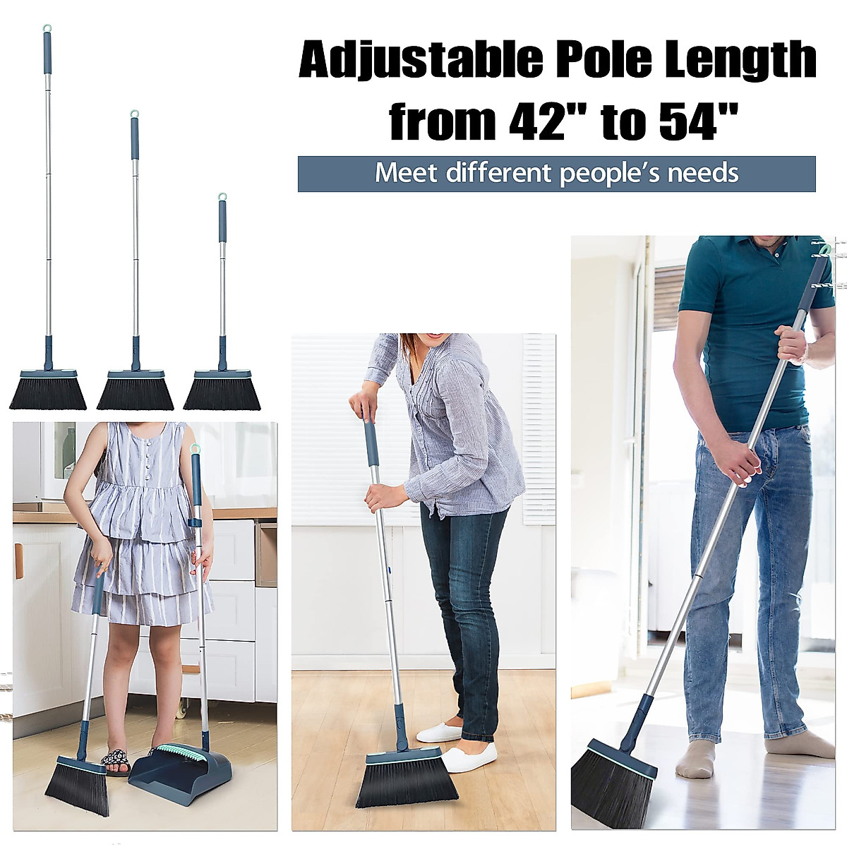 DALIPER Broom and Dustpan Set with Aluminum 54 Inches Long Handle, 180 Degree Swivel Broom and Upright Dust Pan with Hair Scraper for Home, Kitchen, Office, Indoor