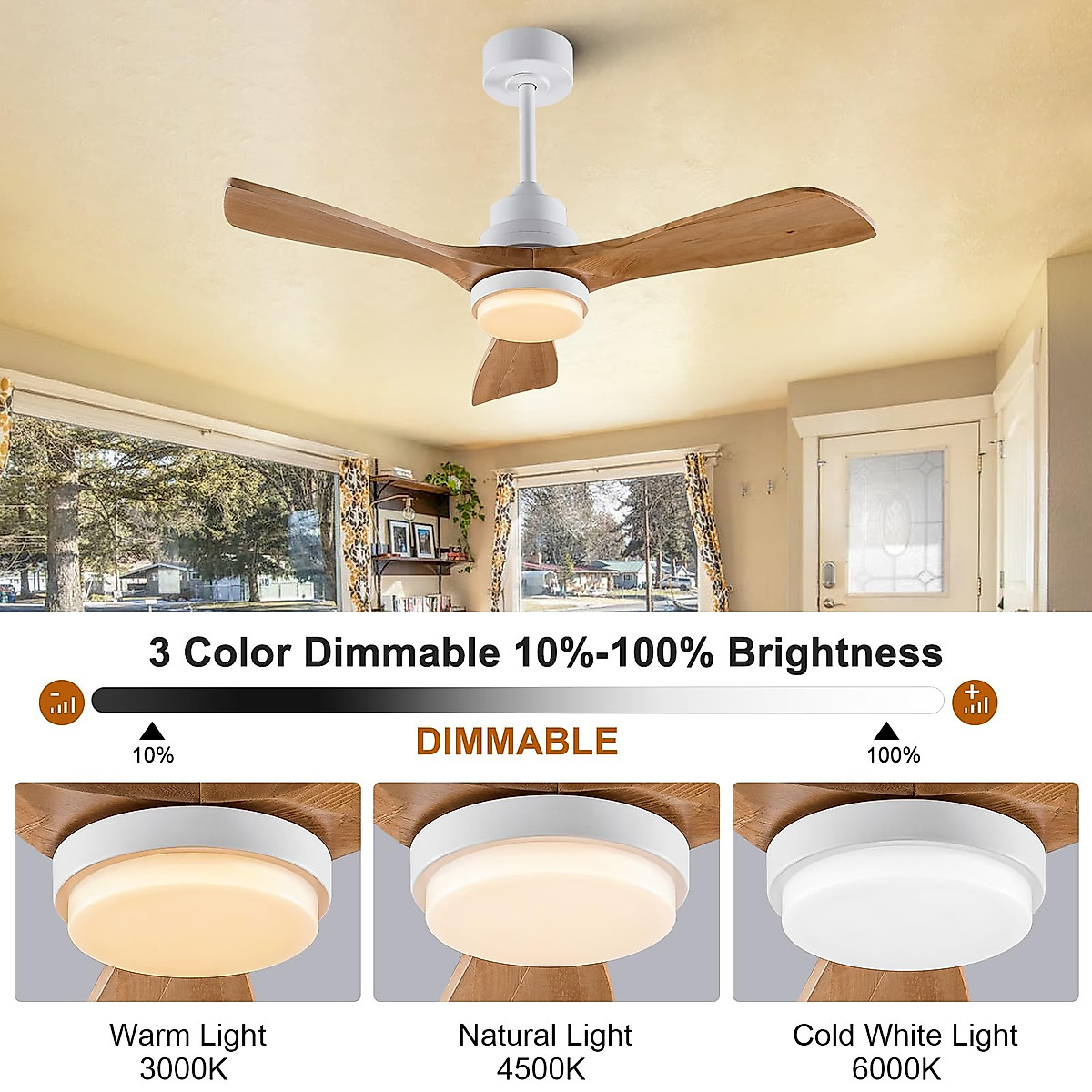 XINGSIYUELYX 42 Inch White Ceiling Fans with Lights and Remote, 3 Blades Wood Ceiling Fan with Light, Dimmable LED Light,Noiseless Reversible Motor, Indoor/Outdoor Fans for Patios Bedroom