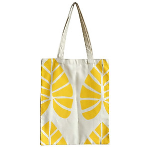 Handprinted Canvas Tote Bag, Reuseable Grocery Shopping Tote with Long Handles, Multipurpose, Sturdy 100% Cotton Canvas Shoulder Bag with Big Tropical Fijian Leaf Print - Via Print, Yellow