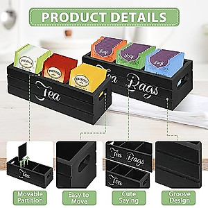 Tea Bag Organizer Set of 2, Wooden Tea Box with Handle, Tea Bag Holder for Tea Storage, Coffee Bar Accessories and Organizer, Tea Caddy Chests Container for Counter Cabinet, Sugar Packet Holder(Black)
