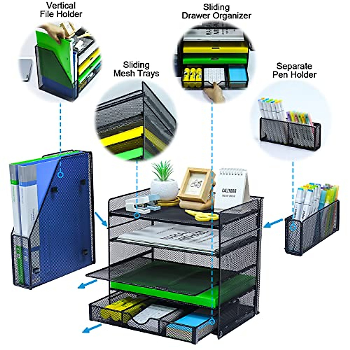 GALASALA Desk Organizers with File Holder, 5-Tier Paper Organizer Letter Tray with Sliding Drawer and Extra Pen Holder, Mesh Desktop File Organizer for School Office Supplies, Black