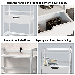 Bookshelf with Drawer, 5 Tiers Bamboo Bookcase Book Shelf Storage Organizer Modern ladder Shelf Display Stand Shelving Unit Tall Book Shelf Corner Rack for Home Office,Living Room,Kitchen,Bedroom,Toy