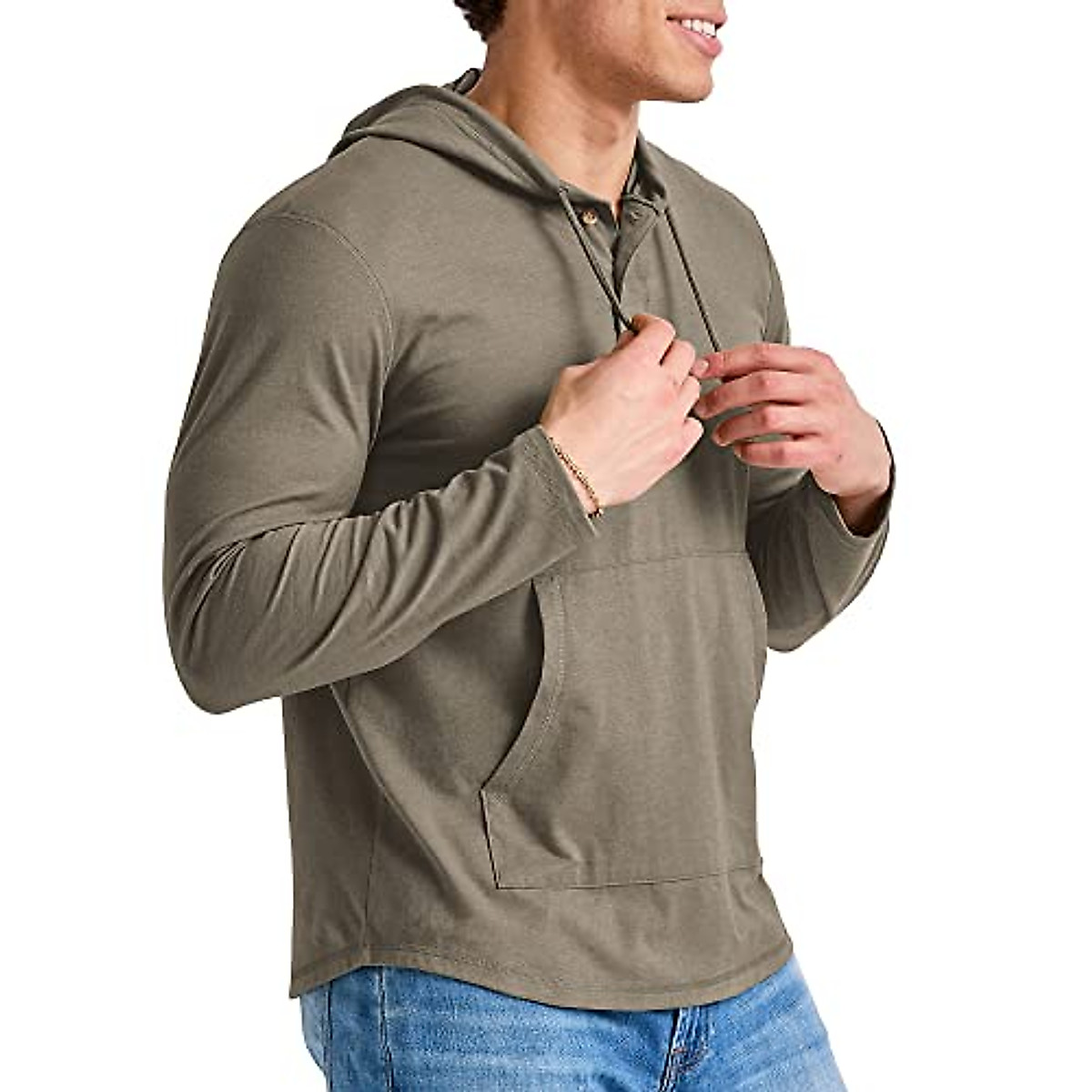 Hanes Men's Originals Tri-Blend Jersey, T-Shirt Hoodie with Henley Collar, Oregano PE Heather, Large