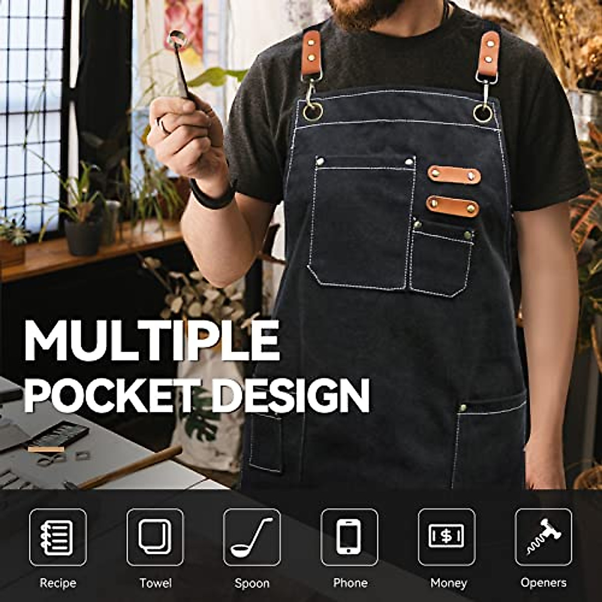 NLUS Chef Apron for Men Women, Water-Resistant Heavy Duty Cotton Canvas Apron Cross Back Apron with Adjustable Straps and Large Pockets, Size M to XXL (BLACK)