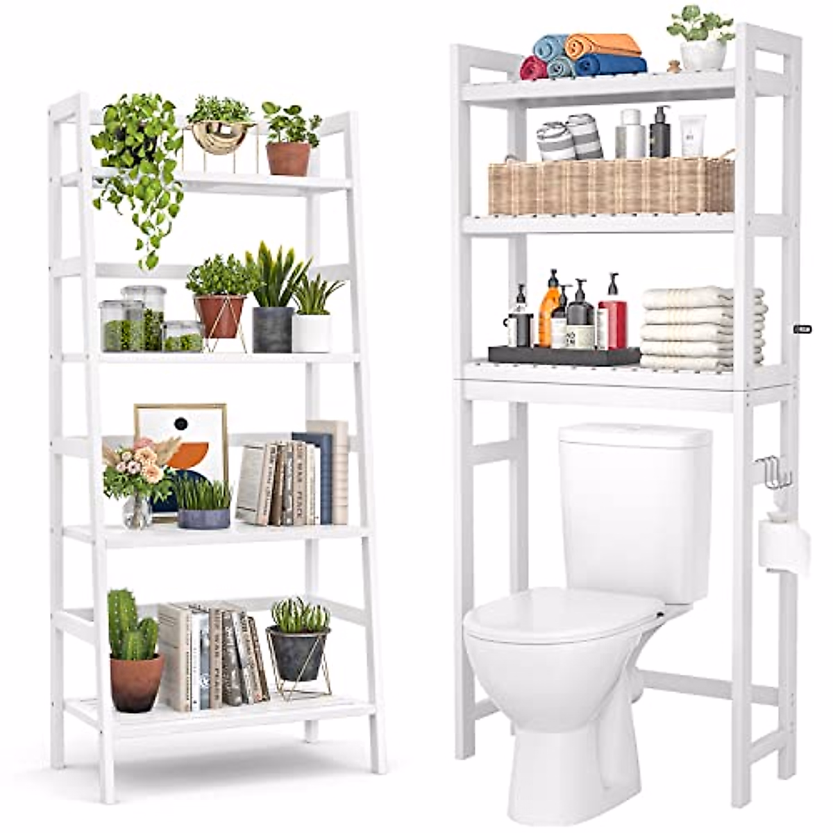 Homykic Bamboo Over The Toilet Storage and Ladder Shelf Bundle, White