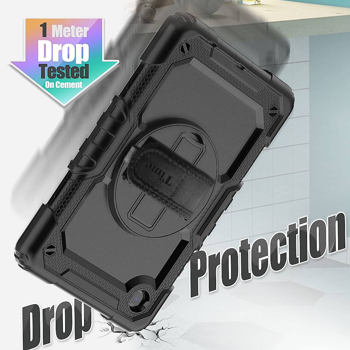 Timecity Case for Samsung Galaxy Tab A7 Lite 2021 8.7'' SM-T220/T225/T227 with Screen Protector, Heavy Duty Rugged Full-Body Protective Case with 360 Rotating Stand, Hand/Shoulder Strap Case, Black