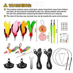 HOSFROLL Cat Toys, 2 Pack 3 in 1 Interactive Cat Toy for Indoor Cats with Sticky Super Suction Cup Detachable 10 Pcs Replacements Feathers Balls Mice 2 Wand Hanging Door Kitten Toys