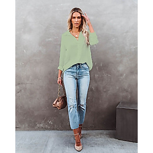 Diosun Womens Button Down V Neck Shirts Long/Short Sleeve Office Casual Business Plain Blouses Tops (Medium, Bean Green)
