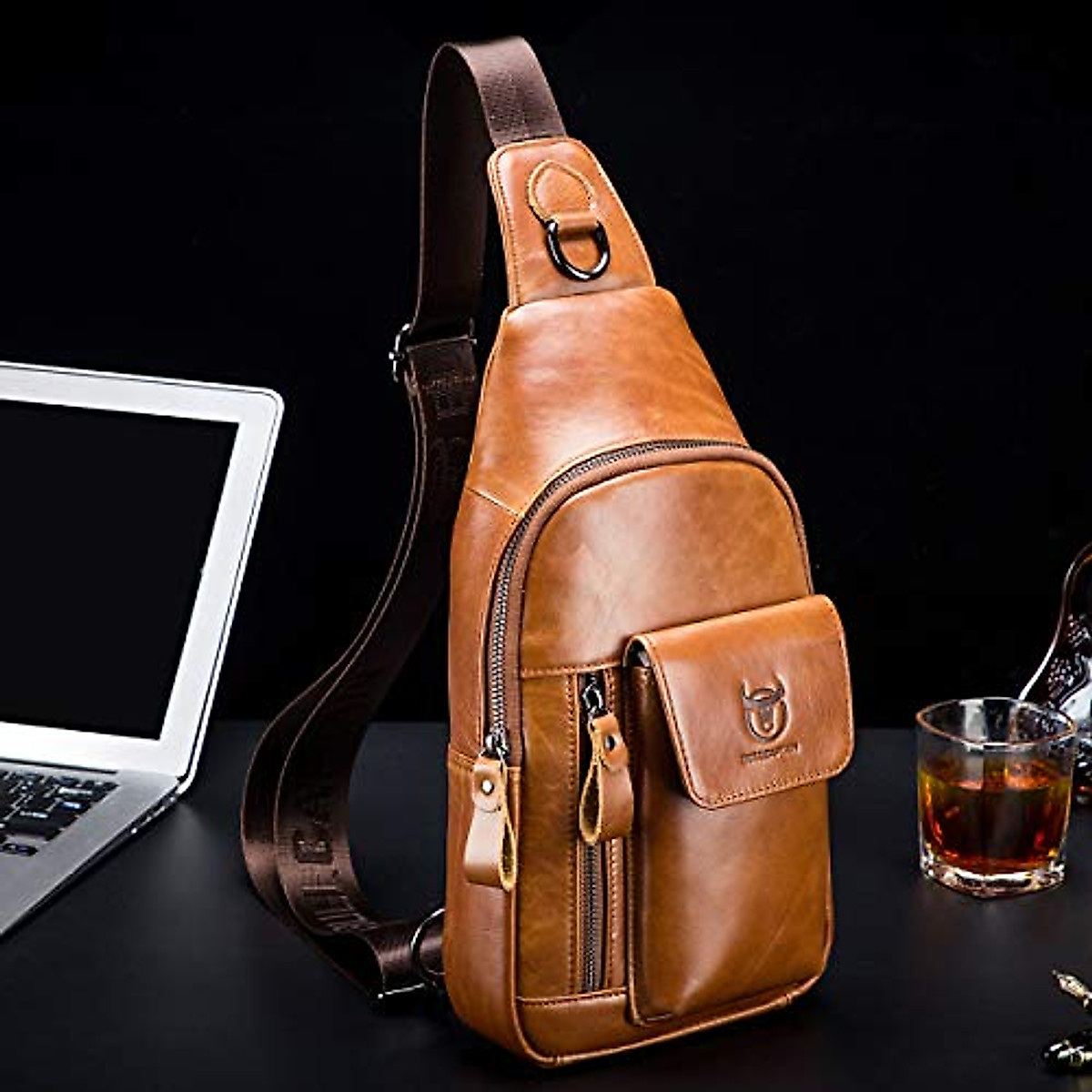 BULLCAPTAIN Genuine Leather Sling Backpack Multi-pocket Chest Bag Crossbody Daypack with Earphone Hole XB-121(Brown)