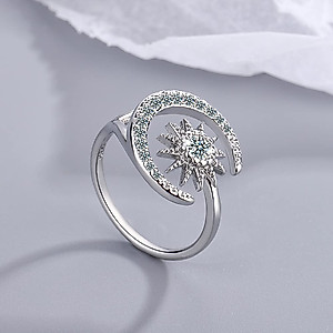 Izpack CZ Sun Moon Open Statement Ring Crystal Cubic Zirconia Crescent Moon Adjustable Finger Bands Promise Engagement Wedding Band Eternity Rings Minimalist Christmas Jewelry Gifts for Women Girls