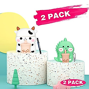 2 Pack Mulafnxal for Airpod 1/2 Case Cute Cartoon 3D Unique Soft Silicone Cover Funny Fashion Fun Cool Character Stylish Design Air Pods Cases Women Girls Boys Teen for Airpods 1/2 Boba Cow