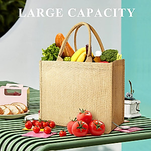 Ndeno Burlap Jute Tote Bags Reusable Cotton Shopping Grocery Bag with Handles, Laminated Interior, bridesmaid tote bags (1pcs, 15.4 x11.8 x5.9 inch)