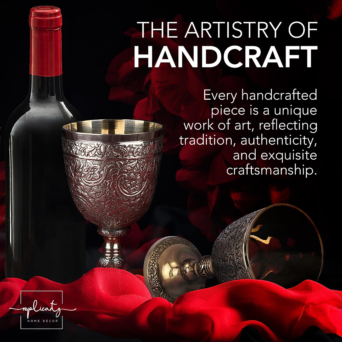 REPLICARTZ Chalice Goblet Communion Cup - Halloween Brass Gold Wine Glasses - Elegant Catholic Gothic - King Arthur Medieval Decor Drinkware - Christmas, Wedding Chalice Gifts, 210 ml, 7.10 oz