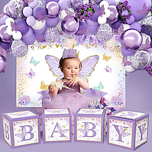 Purple Butterfly Baby Shower Decorations for Girl，Purple Balloon Garland Arch Kit，Purple Butterfly Baby Boxes and Butterfly Backdrop Kit for Baby Shower Butterfly Birthday Lavender Party Decorations