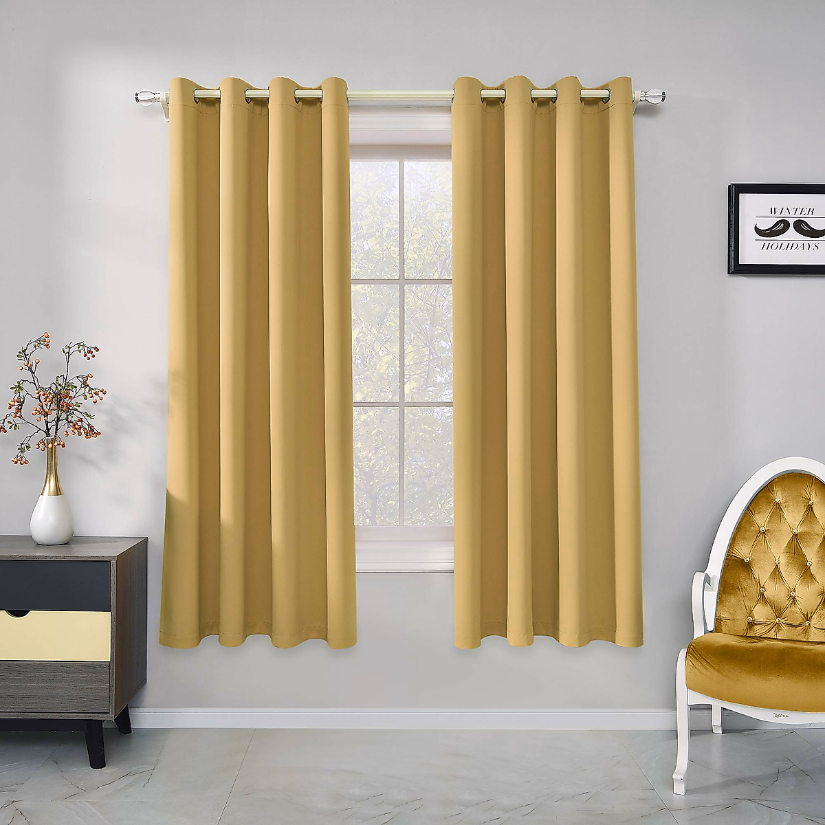 Gold Yellow Curtains For Bedroom 63 Inches Long Top Grommet Drapes Light Blocking Thermal Insulated Windows Room Darkening Yellow Blackout Curtains For Office 52 X 63 Inch Length 2 Panels Pack