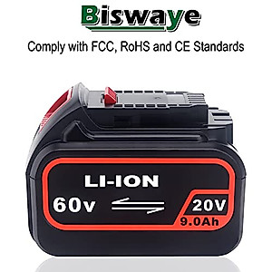 Biswaye 9.0Ah Battery DCB609 Replacement for DEWALT 20V/60V 120V MAX XR Lithium-Ion Battery DCB606 DCB609 DCB612 DCB203 DCB204 DCB207 DCB206 DCB201