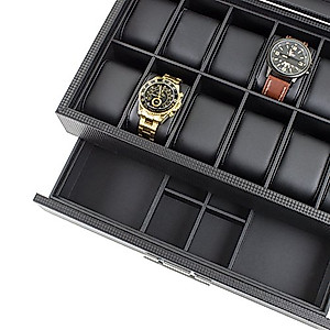 Glenor Co Watch Box with Valet Drawer for Men - 12 Slot Luxury Watch Case Display Organizer, Carbon Fiber Design - Metal Buckle for Mens Jewelry Watches, Men's Storage Boxes Holder has Large Glass Top