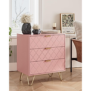 Aobafuir 3 Drawer Dresser for Bedroom, Modern Closet Dressers Chest of Drawers, Storage Dresser Chest Cabinet Organizer Unit, Small Fluted Dresser for Bedroom (Pink Diamond)