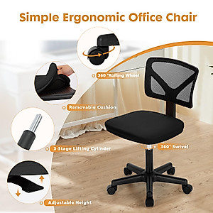 Sweetcrispy Armless Desk Chair - Small Home Office Chair with Wheels, Mesh Low Back Task Chair with Lumbar Support and Wheels, Adjustable Height 360° Rolling Swivel Computer Chair Without Arm, Black