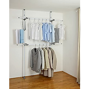 WENKO Herkules Flex Garment Rack, Rail, Adjustable, Tension Rod, Heavy Duty, for Hanging Clothes, Storage, Organizer, with Shelves, 14.2 x 74.8 x 118.1 inch, White