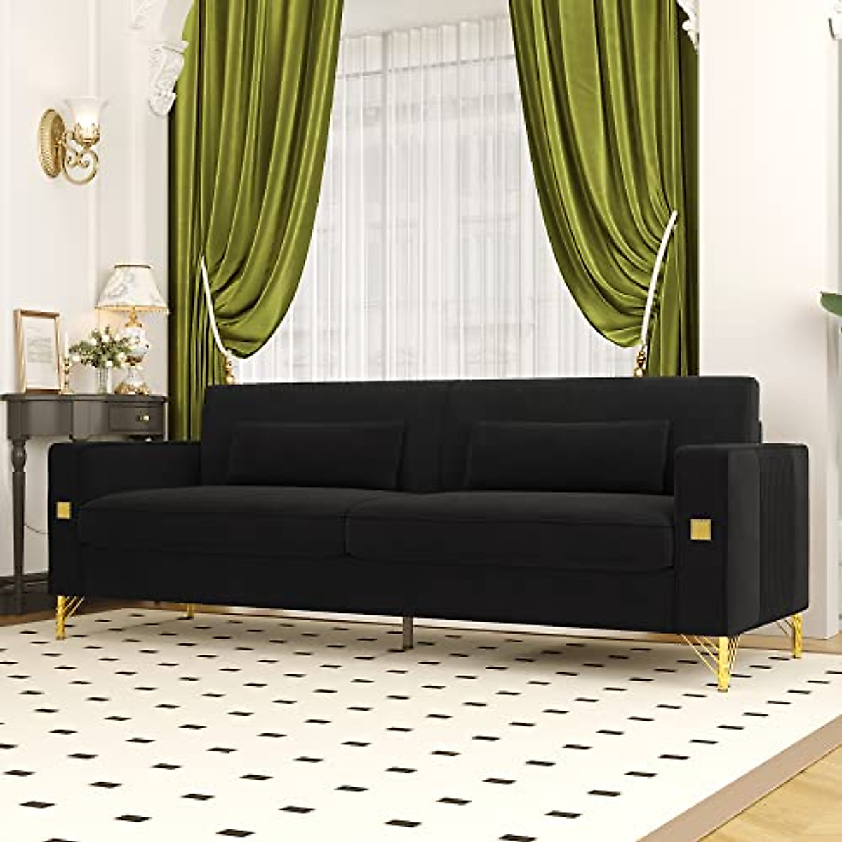 TUBAIHON 85" Black Velvet Couch Living Room Sofa for 3 People Modern Sofa with Gold Metal Lges & Firm Frame for Bedroom/Office