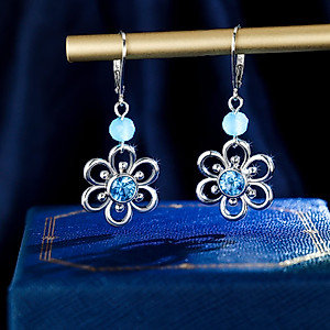 Dangle Flower Earrings for Women, White Gold Plated Drop Earrings with Blue Cubic Zirconia