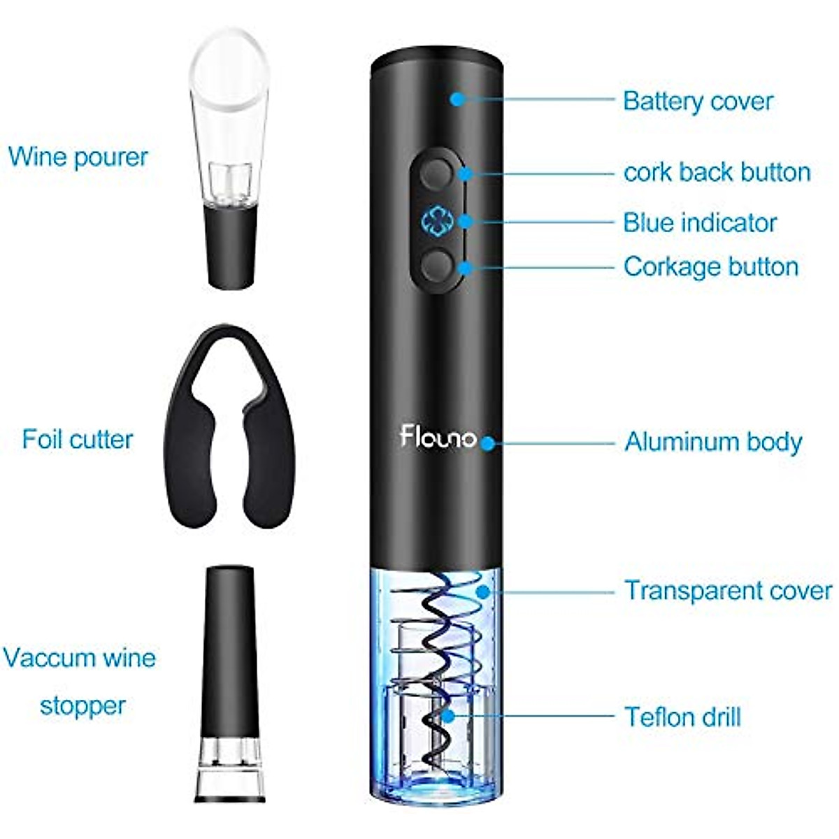 Electric Wine Opener - Flauno Automatic Wine Bottle Opener, Electric Corkscrew Wine Opener with Foil Cutter, Vacuum Wine Stopper, Wine Aerator Pourer, Ideal Wine Gift Set, Rechargeable