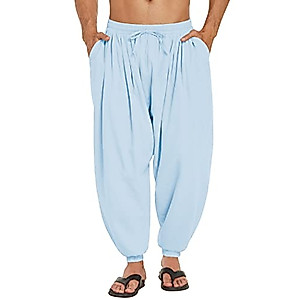 COOFANDY Men's Cotton Linen Pants Wide Leg Pants Baggy Harem Pants Beach Trousers Sky Blue