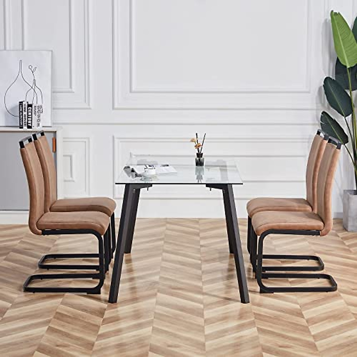 BAOPIN Modern Dining Chairs Set of 4, Brown Side Dining Room Chairs, Armless Kitchen Chairs with Faux Leather Padded Seat High Back and Sturdy Chrome Legs, Chairs for Dining Room,Kitchen,Living Room