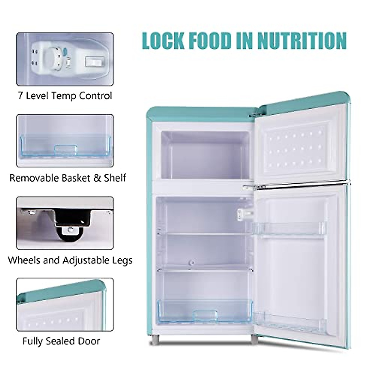 WANAI Compact Refrigerator 3.2 Cu.Ft Classic Retro Blue Refrigerator 2 Door Mini Refrigerator Adjustable Remove Glass Shelves Refrigerator Suitable for Dorm Garage and Office