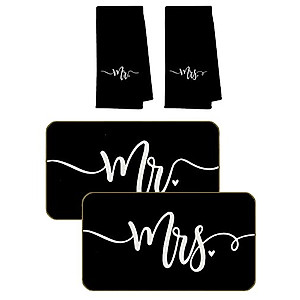 UINHMOP 17''x30'' Mr. and Mrs. Decorative Doormat and 16''x24'' Bath Towels Kitchen Towels Hand Towels(2 Doormats + 2 Towels),Wedding Anniversary Valentine’s Day Gifts for Couples(Black)