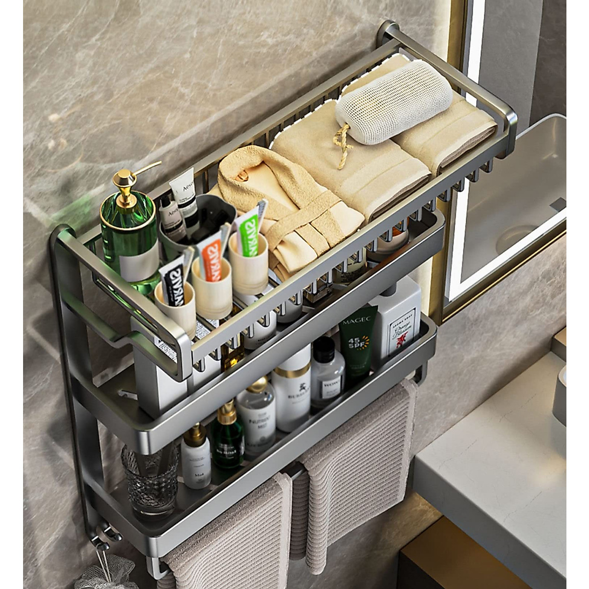 SEIFE Wall Mounted Towel Rack Shelf Stud Mount Double Towel Rack for Bathroom Stainless Steel Constructed Rust-Proof Shelf with Built-in Bars and Hooks Brushed Nickel Wall Mounted Bathroom Shelves (C