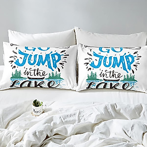 Nautical Beach Duvet Cover Twin,Go Jump In The Lake Bedding Set Rustic Farmhouse Wooden Boat Paddle Comforter Cover For Country Cabin Lodge,Green Blue Soft Microfiber Quilt Cover With 1 Pillow Case
